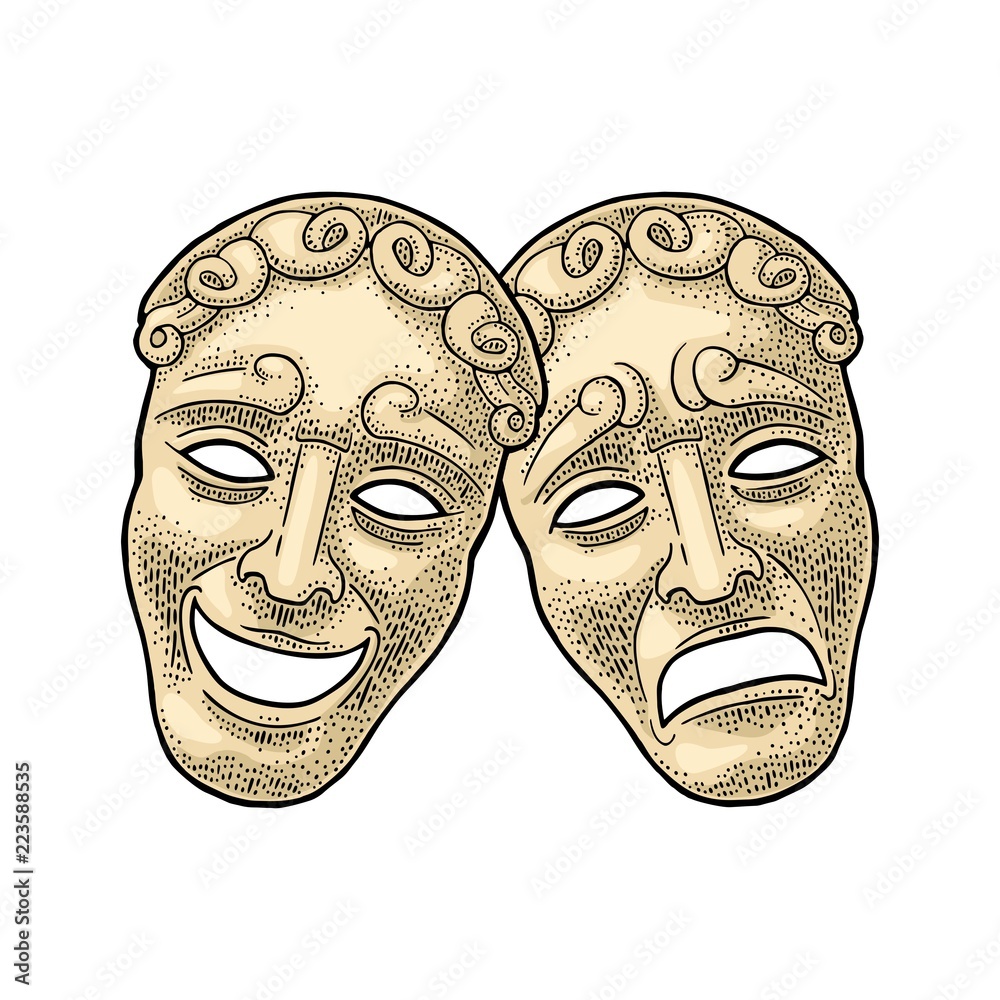 Comedy and tragedy theater masks. Vector engraving vintage color ...