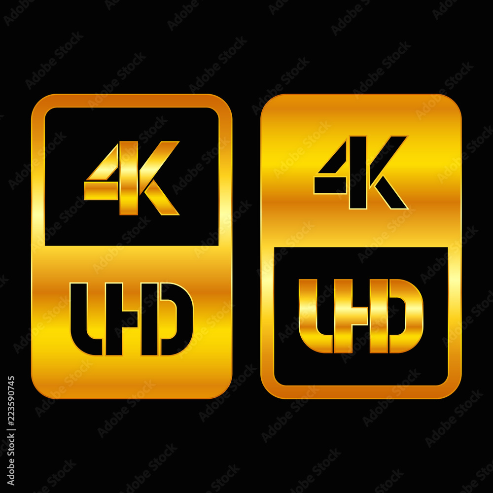 4K Ultra HD format gold and cut icon. Pure vector illustration on black ...
