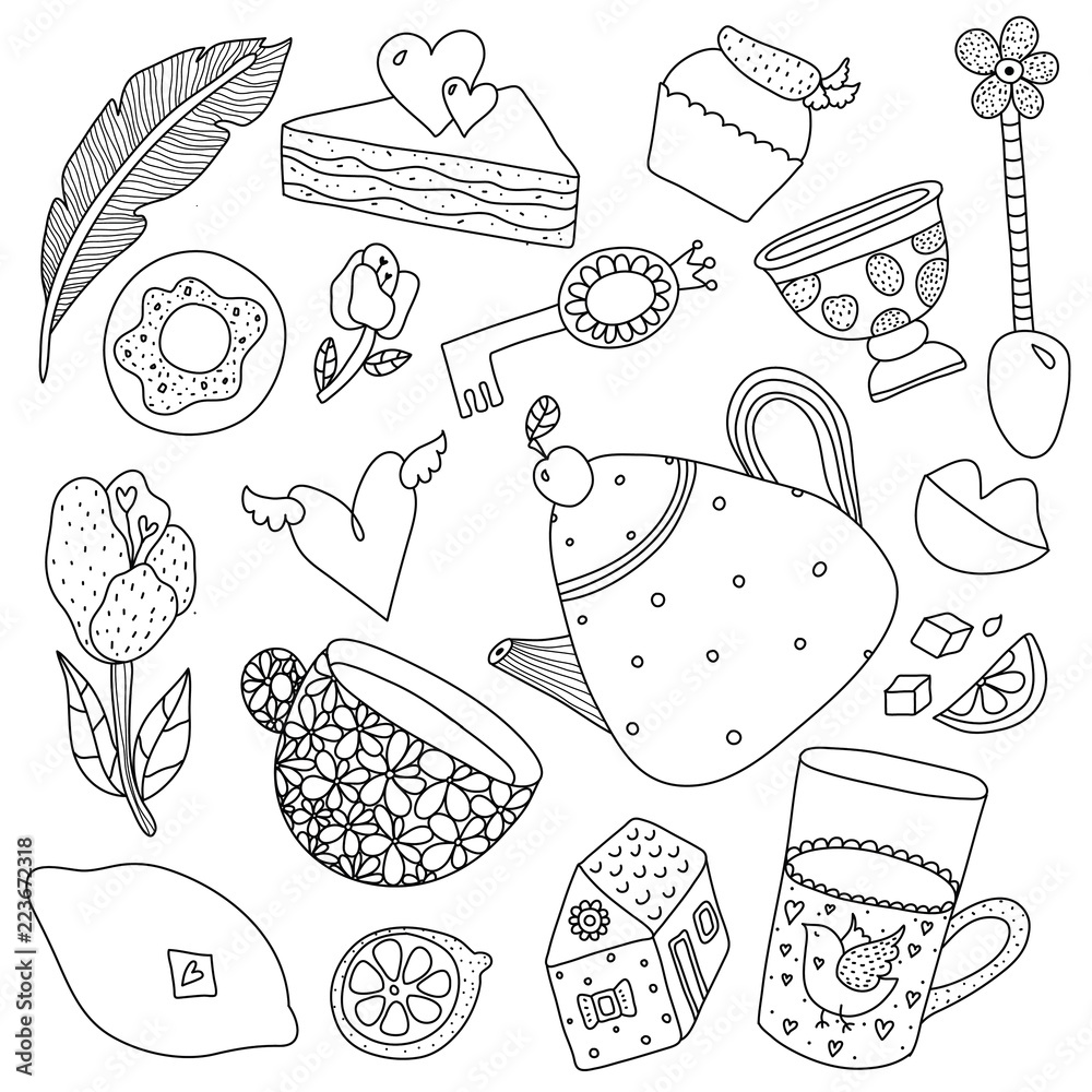 Teatime. Cute line coloring. Stock Vector | Adobe Stock