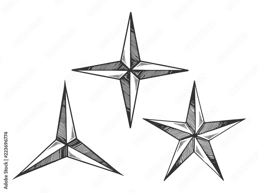 Star shapes engraving vector illustration. Scratch board style ...