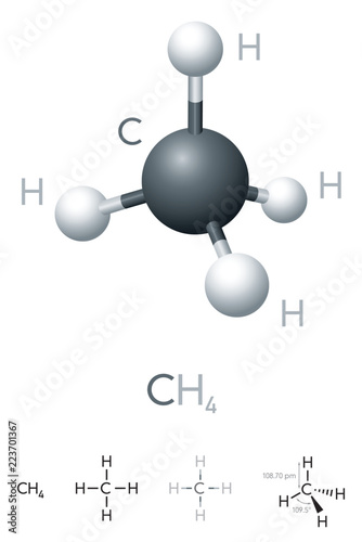 Methane, CH4, molecule model and chemical formula. Chemical compound ...