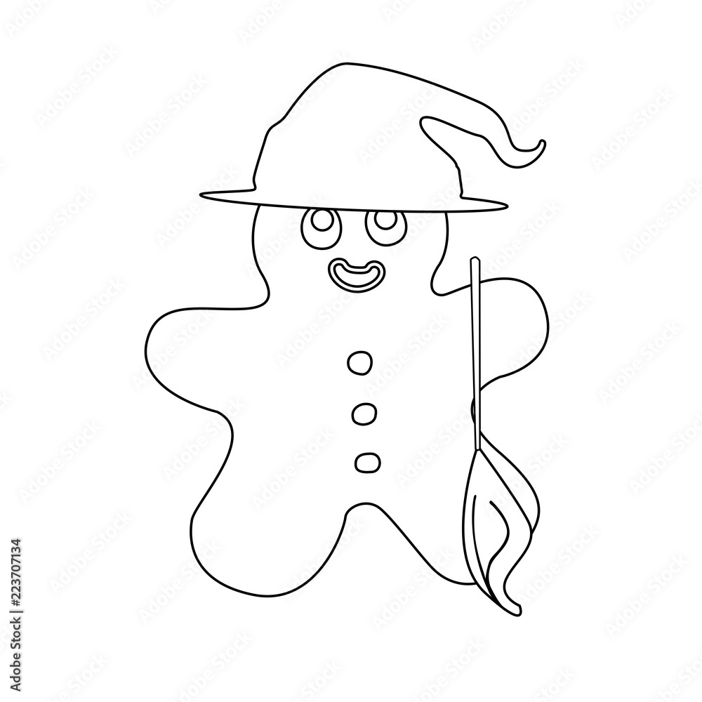 vector black lines icon of witch cookie in a hat and with broom ...