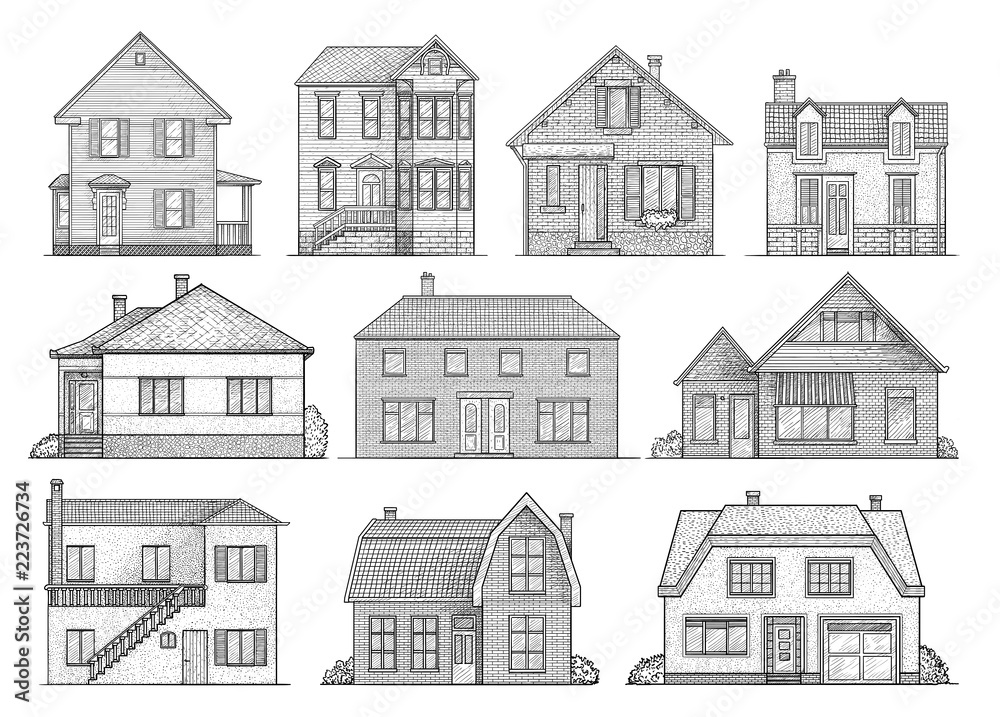 House illustration, drawing, engraving, ink, line art, vector Stock ...