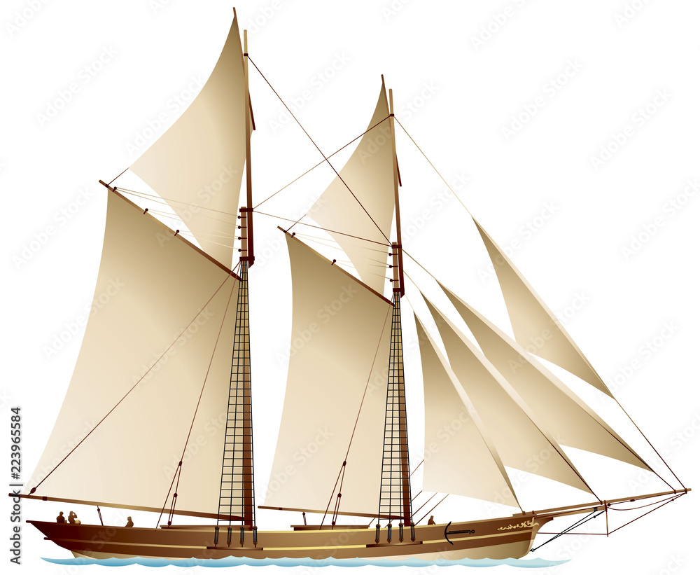 Schooner sailing vessel, a traditional gaff-rigged schooner with two ...
