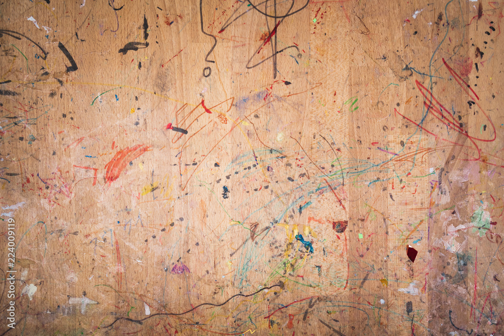 messed wooden table background Stock Photo | Adobe Stock