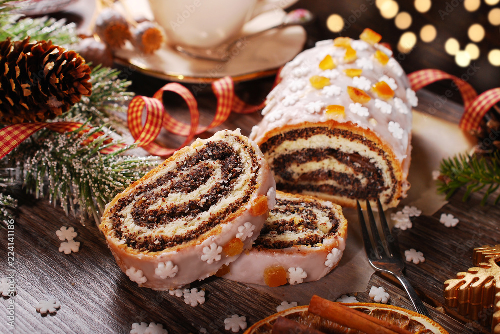 christmas poppy cake on wooden table Stock Photo | Adobe Stock