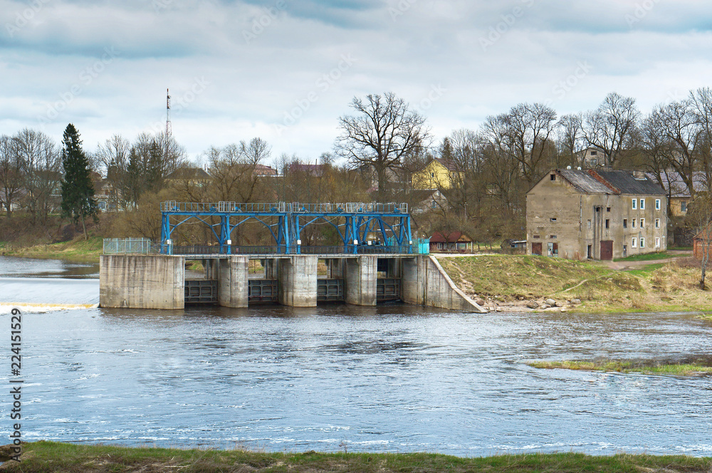 Hydraulic structure on the river. Hydroelectric power station and dam ...