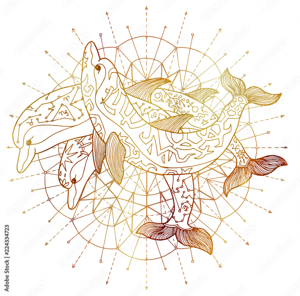 Three golden dolphins and round circle pattern on white background ...