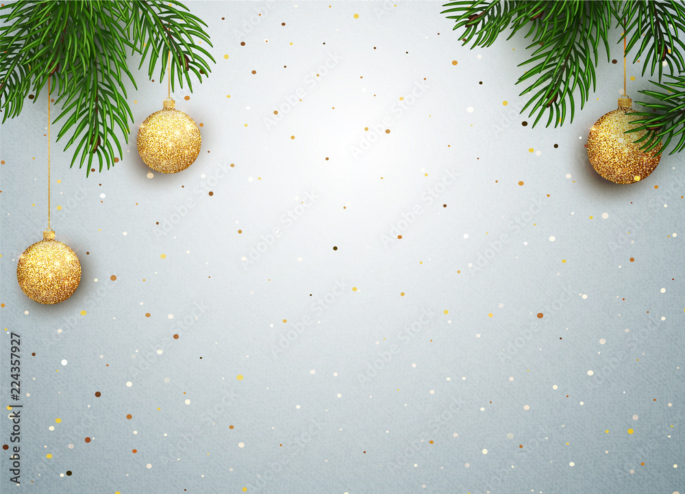 Christmas vector Background with tree branches and hanging glitter ball ...