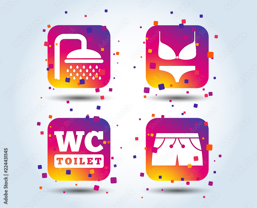 Swimming pool icons. Shower water drops and swimwear symbols. WC Toilet ...