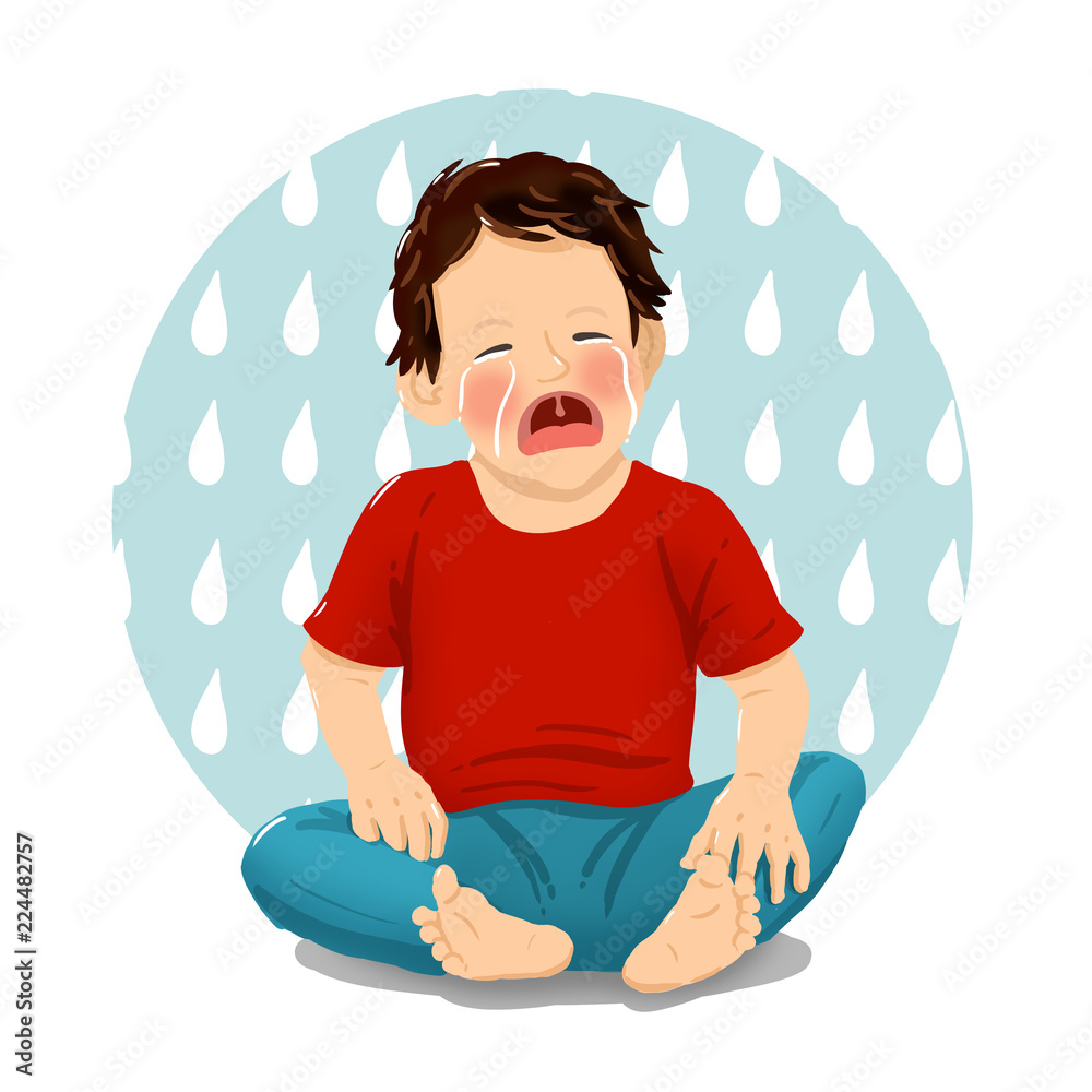 Toddler sitting and crying with mouth wide open on teardrop background ...