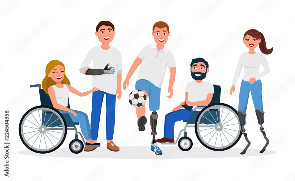 Disabled people with disabilities and prosthesis, people on wheelchairs ...
