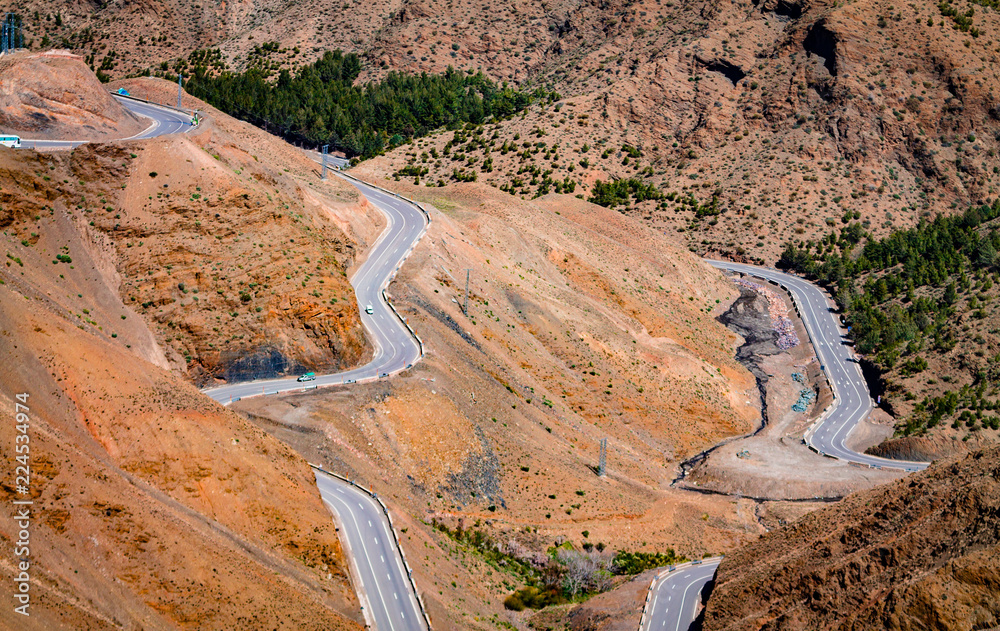 Atlas mountain range from Morocco. Road serpentine in the mountains ...