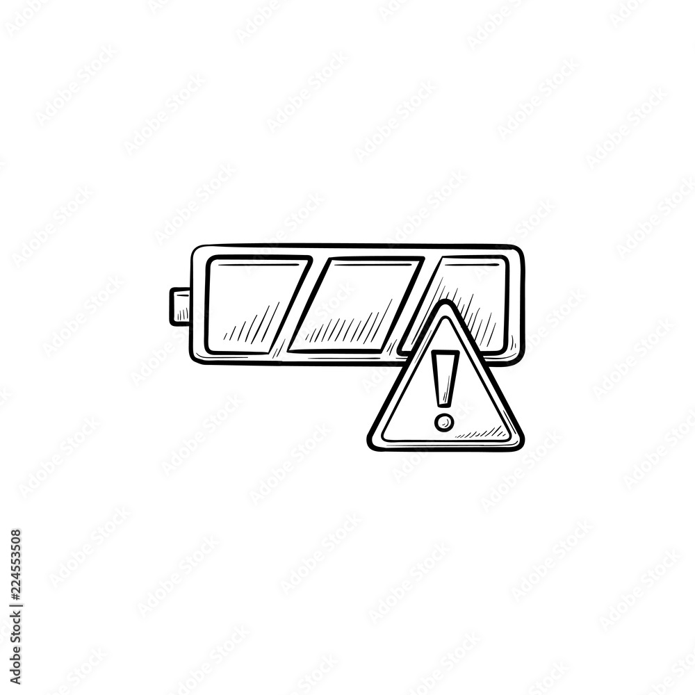 Empty battery with exclamation mark hand drawn outline doodle icon. Low ...