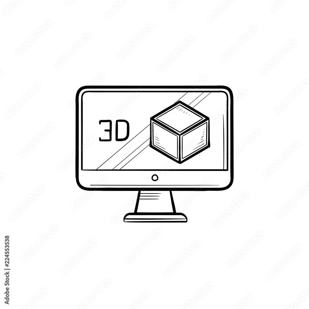 Computer monitor with 3D box hand drawn outline doodle icon. Three-dimensional technology ...