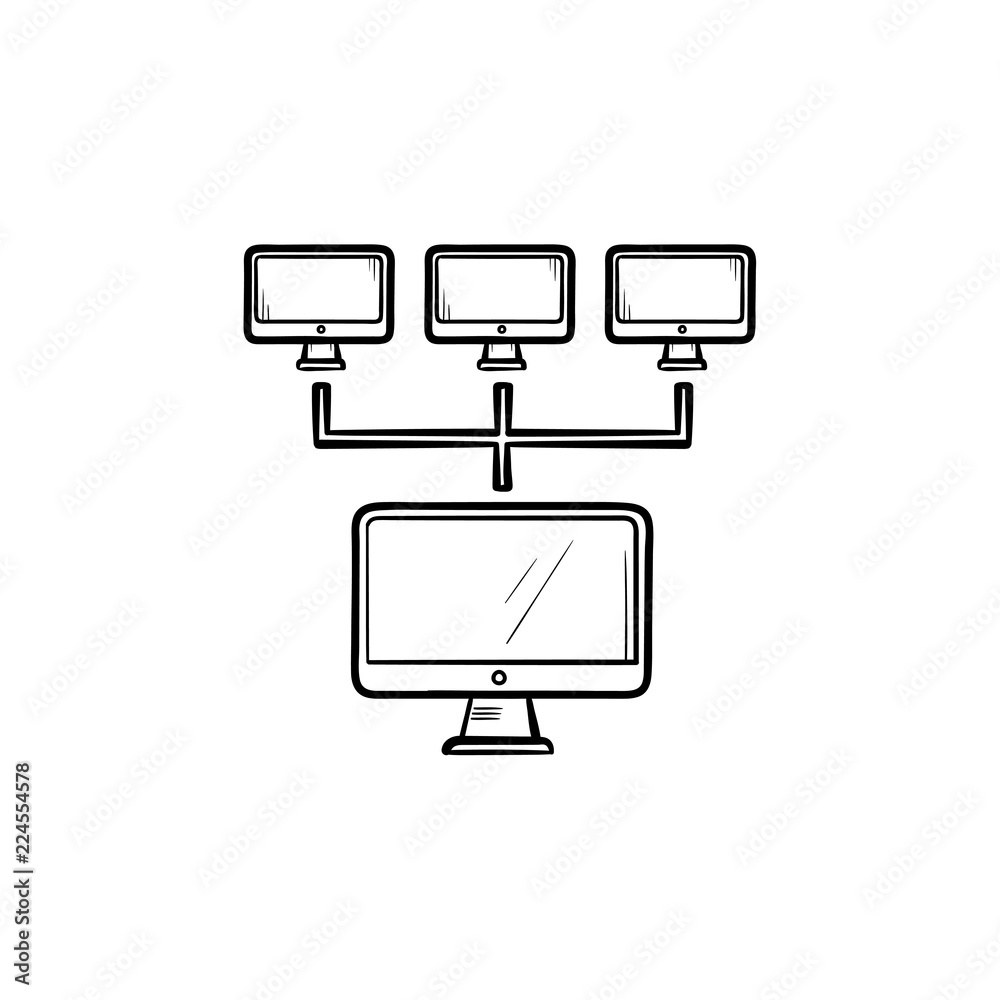 Computer network hand drawn outline doodle icon. Connection and ...