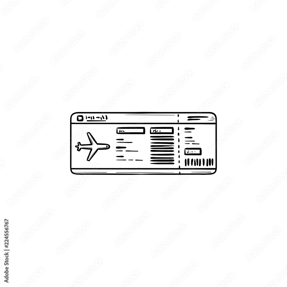 Airplane ticket hand drawn outline doodle icon. Plane travel, boarding ...