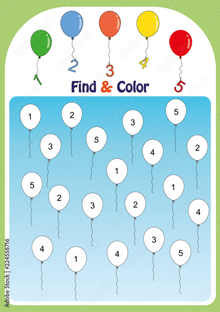 find and color numbers 1-5, math worksheet for kids Stock Vector ...