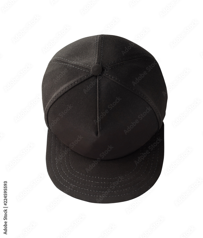 Top view of black snapback cap isolated on white background. Blank ...