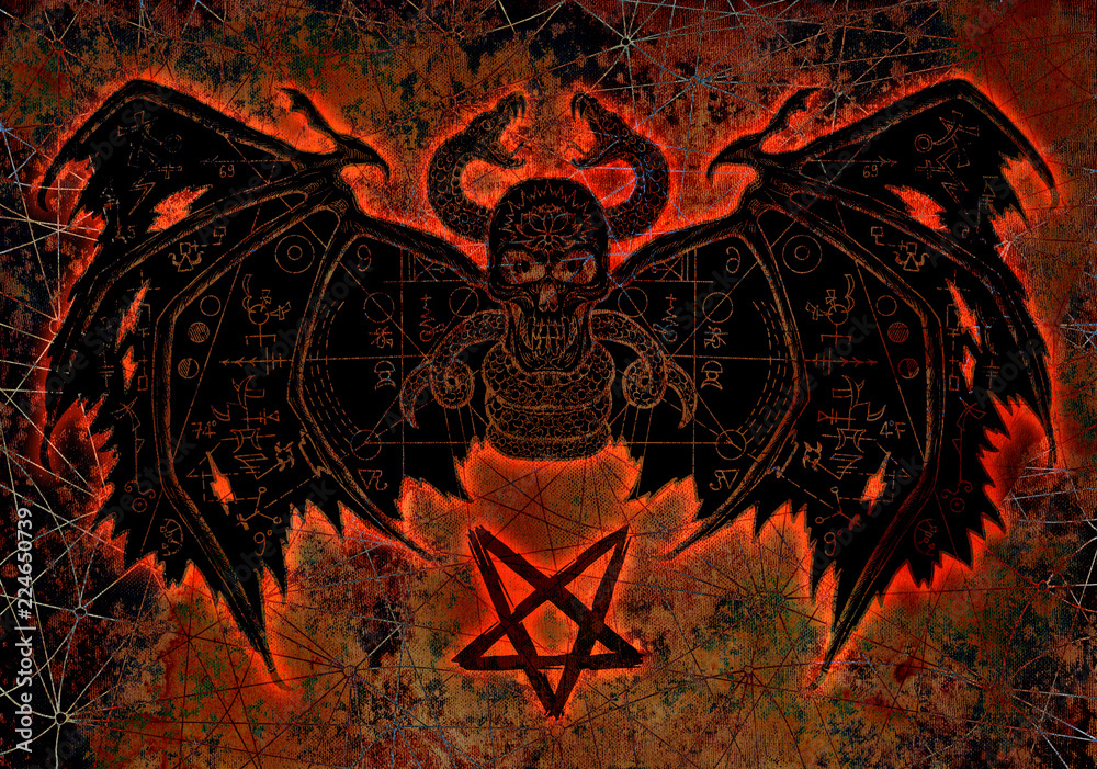 Devil demon with bloody silhouette and pentagram on texture background ...