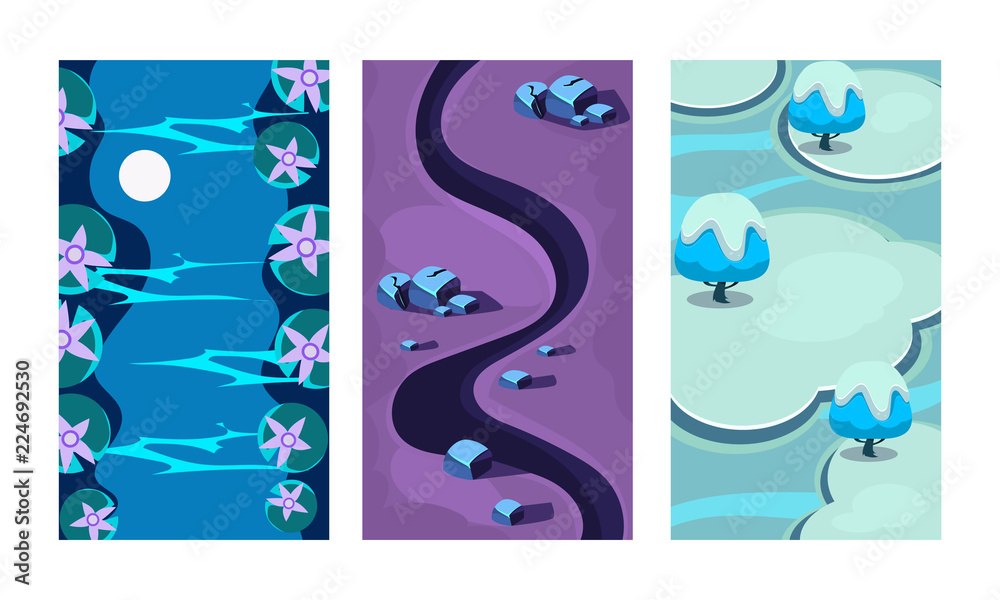 Flat vector set of 3 vertical backgrounds for online mobile game ...