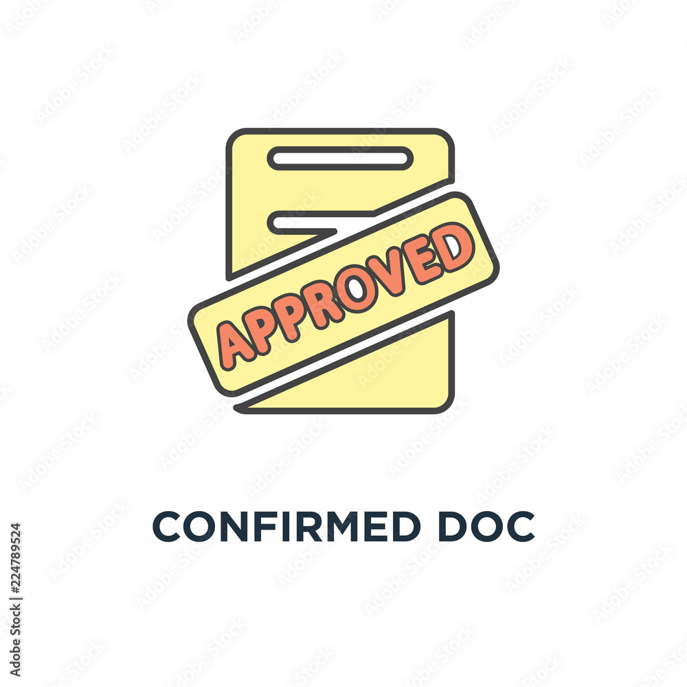confirmed doc icon, approved stamp on the stack of paper sheets ...
