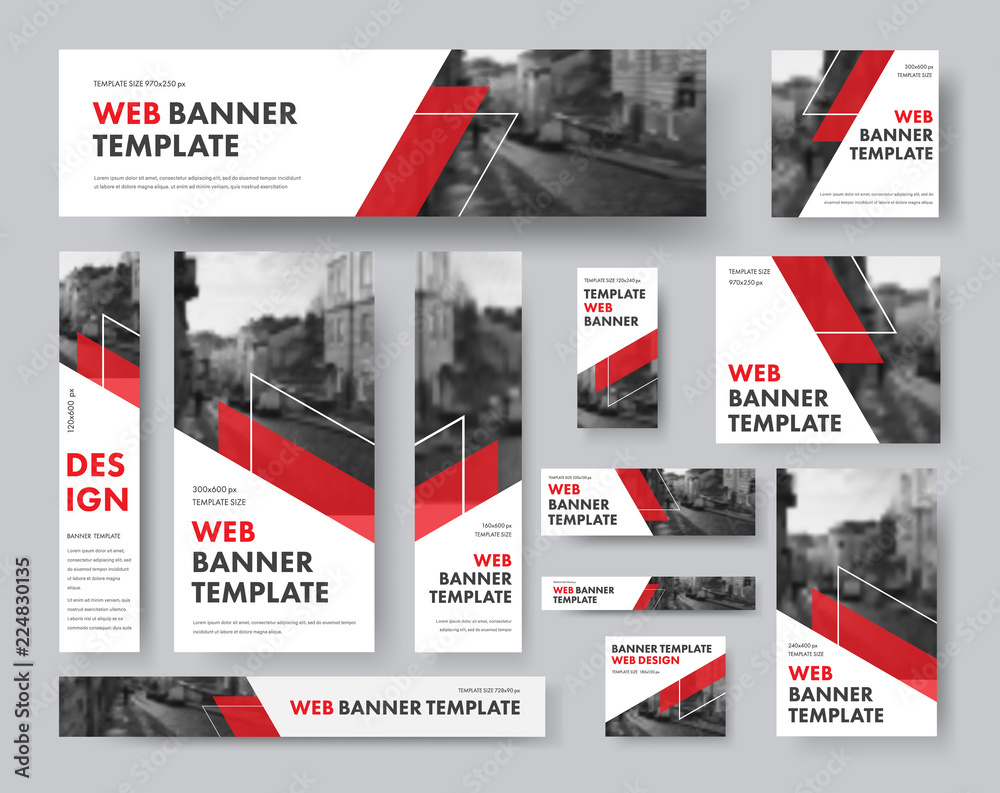 set of web banners of different sizes with diagonal red elements and a ...