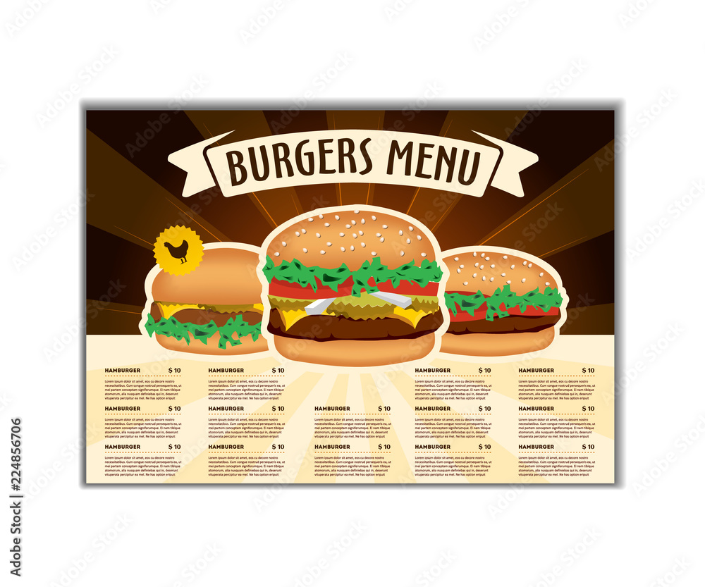 Fast food or burgers flyer design template in A4 size. Brochure and ...