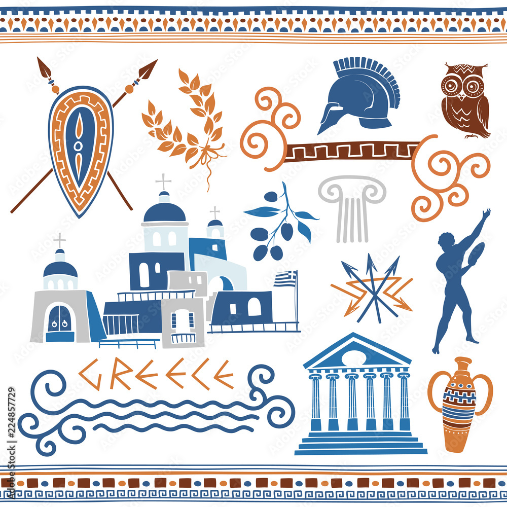Greek Vector Clipart. Set of Illustrations on Ancient Symbols, Themes ...