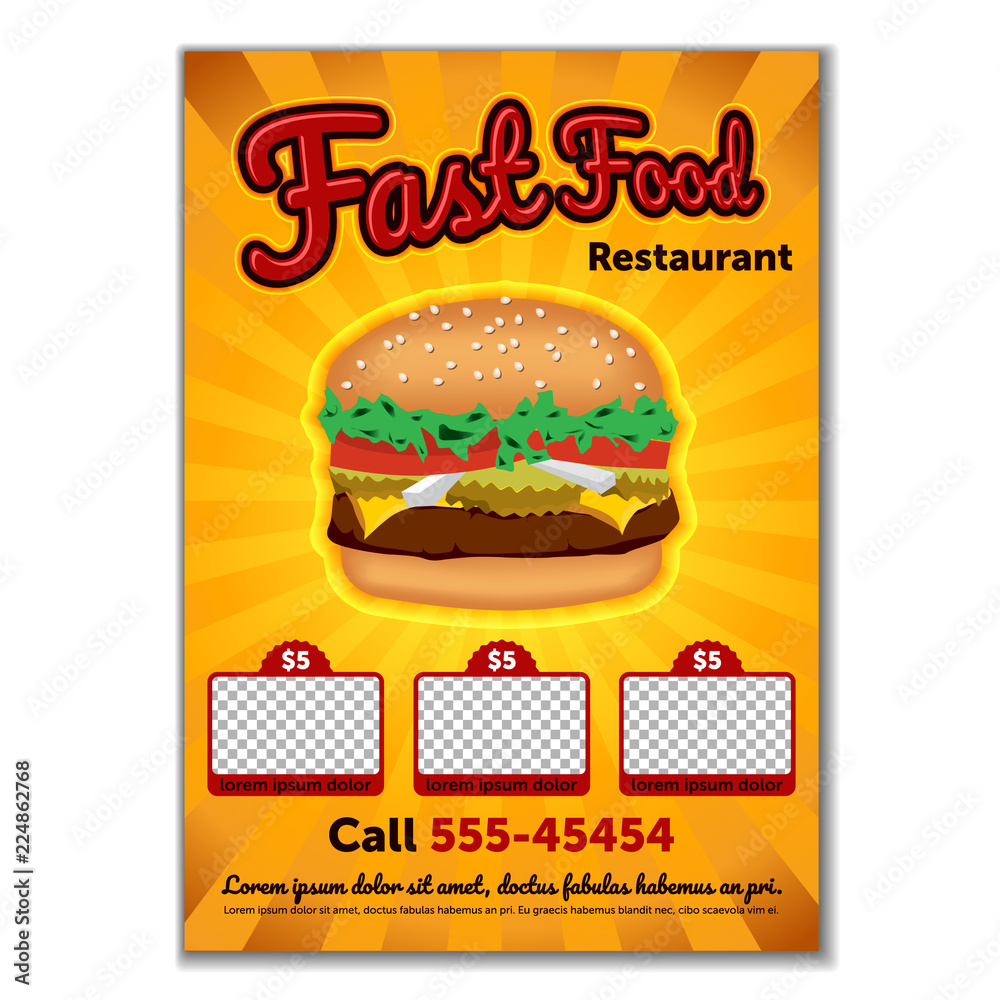 Burger flyer template. Cute cartoon colored picture of fast food. Menu ...