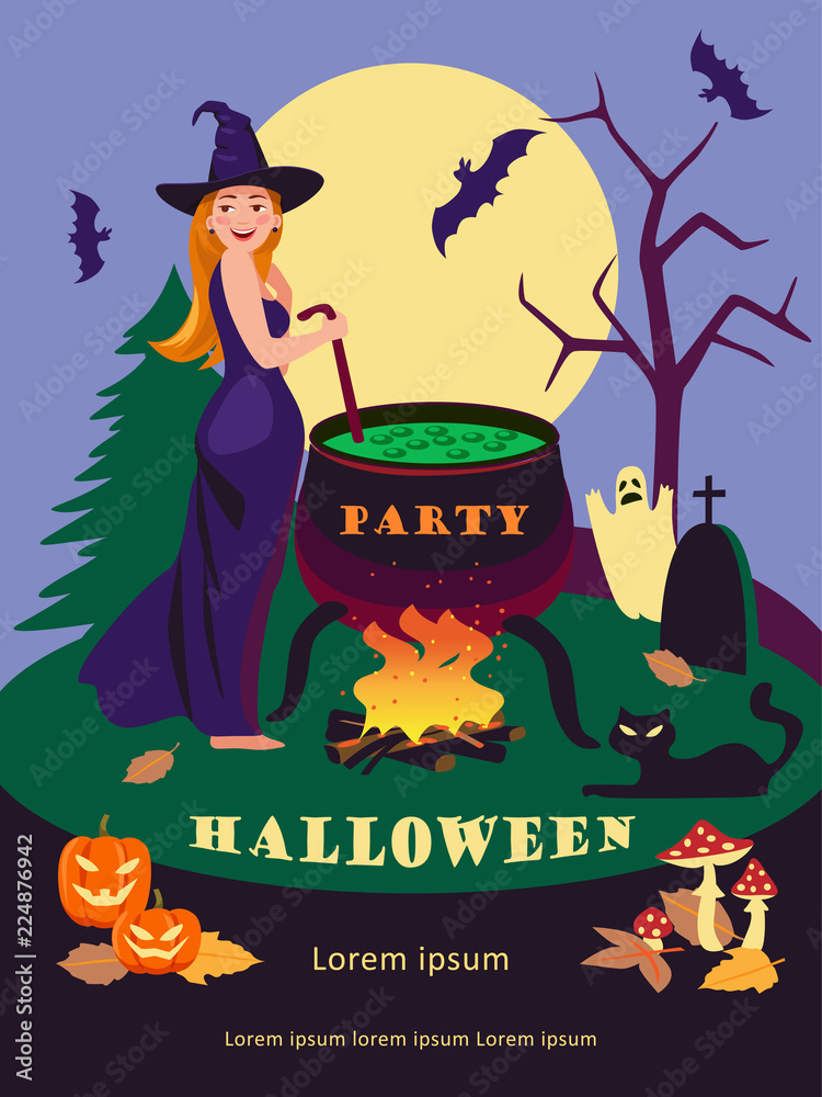 beautiful witch cooking in a cauldron potion. Poster for Halloween ...