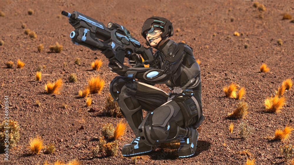 Stock-Illustration „Android female soldier in desert armed with rifle ...