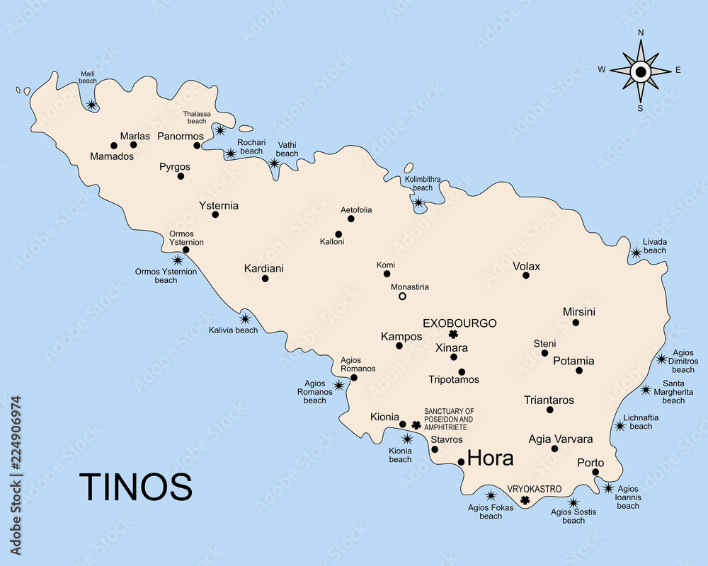 The geography map of Tinos island, in the archipelago of the Cyclades ...
