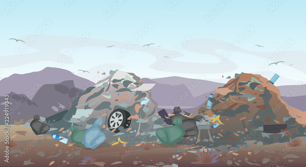 Vector illustration of landfill landscape with waste. Garbage dump ...