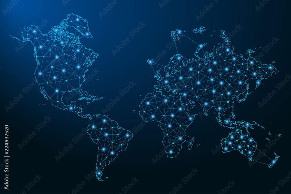 Abstract World map created from lines and bright points in the form of starry sky, polygonal ...