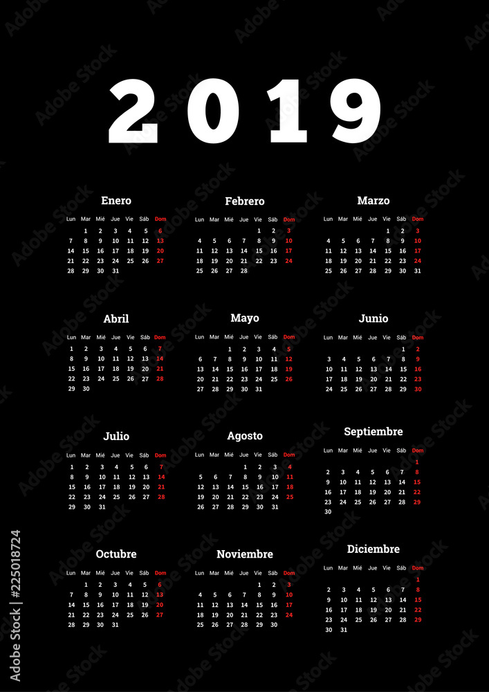 2019 year simple calendar in spanish on dark background, a4 vertical ...