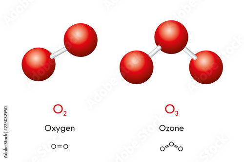 Oxygen O2 and ozone O3 molecule models and chemical formulas. Dioxygen ...