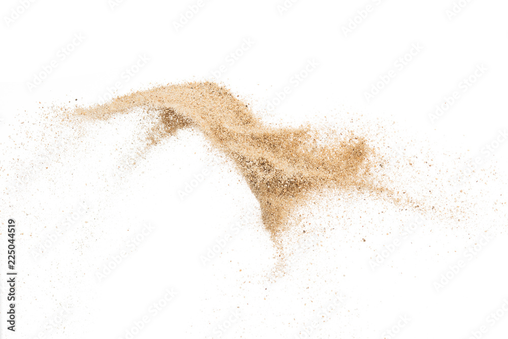 Sand flying explosion isolated on white background ,throwing freeze ...
