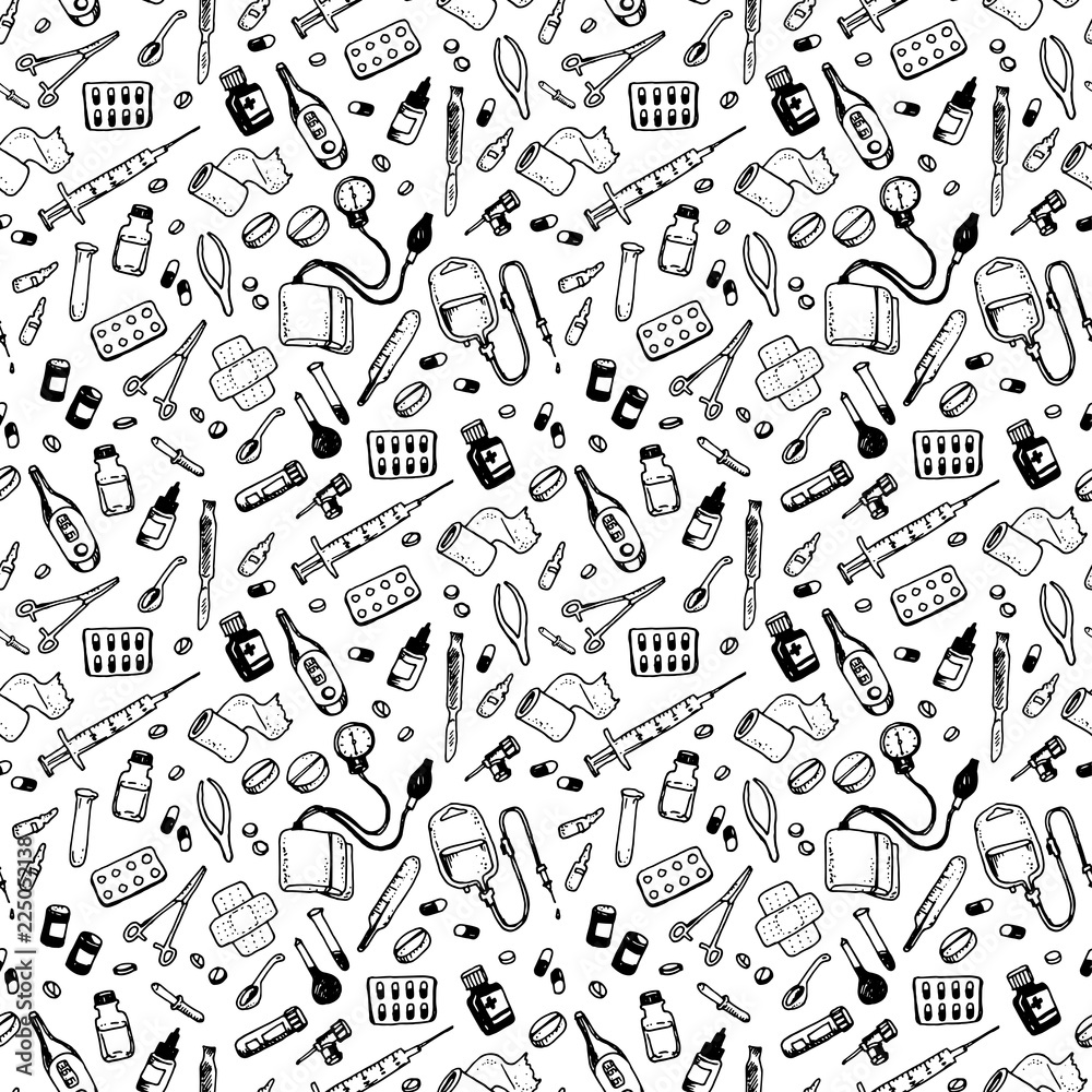 Seamless pattern with medical supplies. Vector background illustration ...