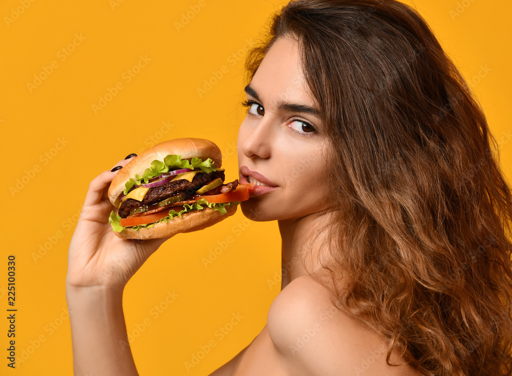 Woman hold big barbecue burger sandwich with hungry mouth happy ...