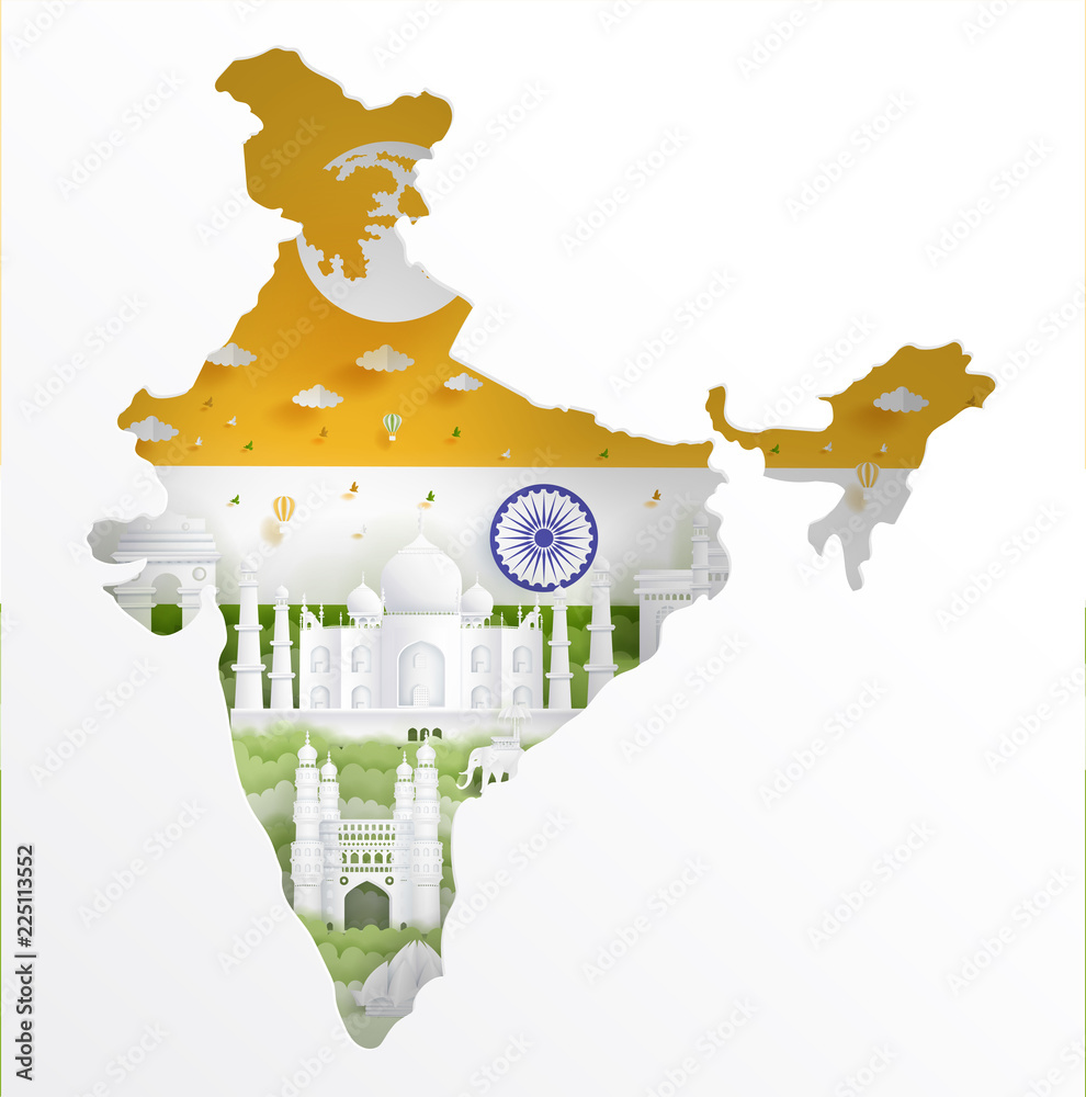 India map concept with India flag and famous landmarks in paper cut ...