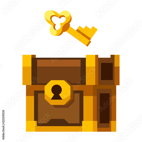 Cartoon vector golden key and closed wooden chest Stock Vector | Adobe ...