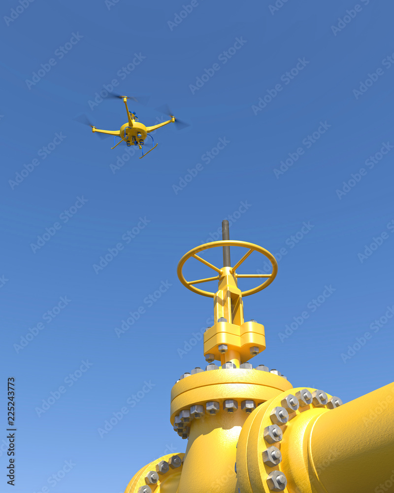 3D illustration of a UAV drone in flight inspecting an oil/gas pipeline ...