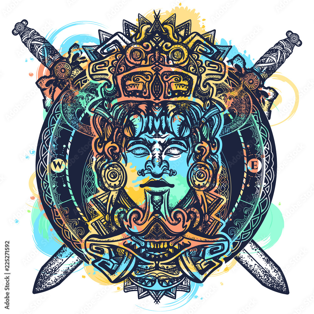 Ancient aztec totem watercolor splashes style, Mexican god warrior and ...
