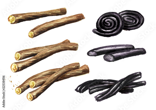 Licorice root and Licorice candy set. Watercolor hand drawn ...