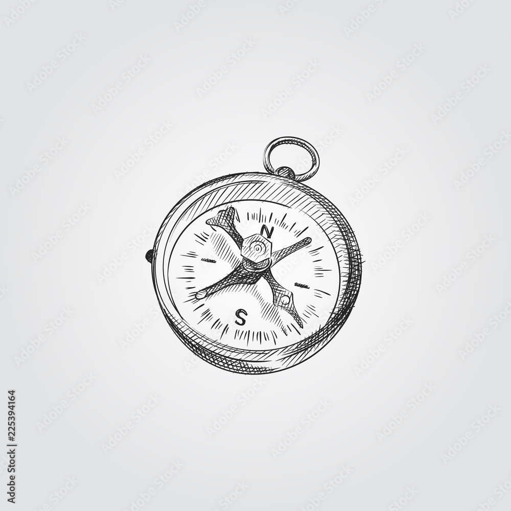 Hand Drawn Compass Sketch Symbol isolated on white background. Vector ...