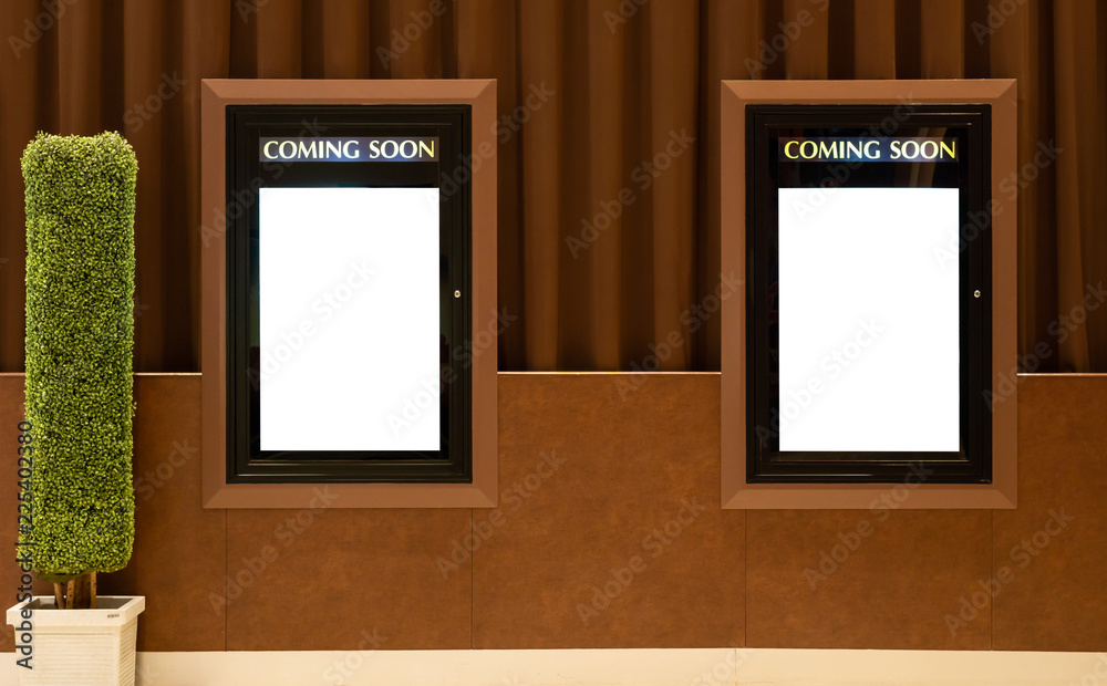 Empty isolated cinema poster panel on the wall of theater walkway ...