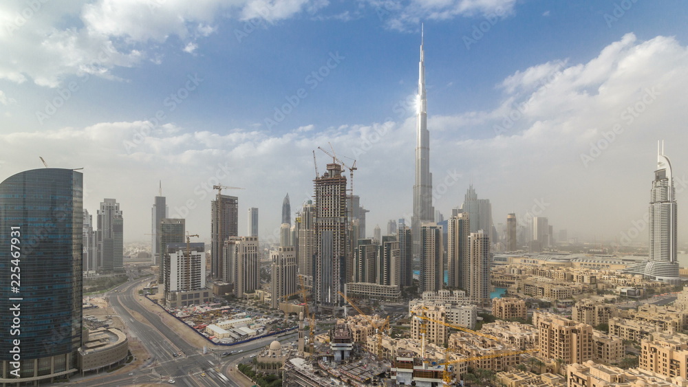 Beautiful luxury Dubai downtown aerial top view before sunset timelapse ...