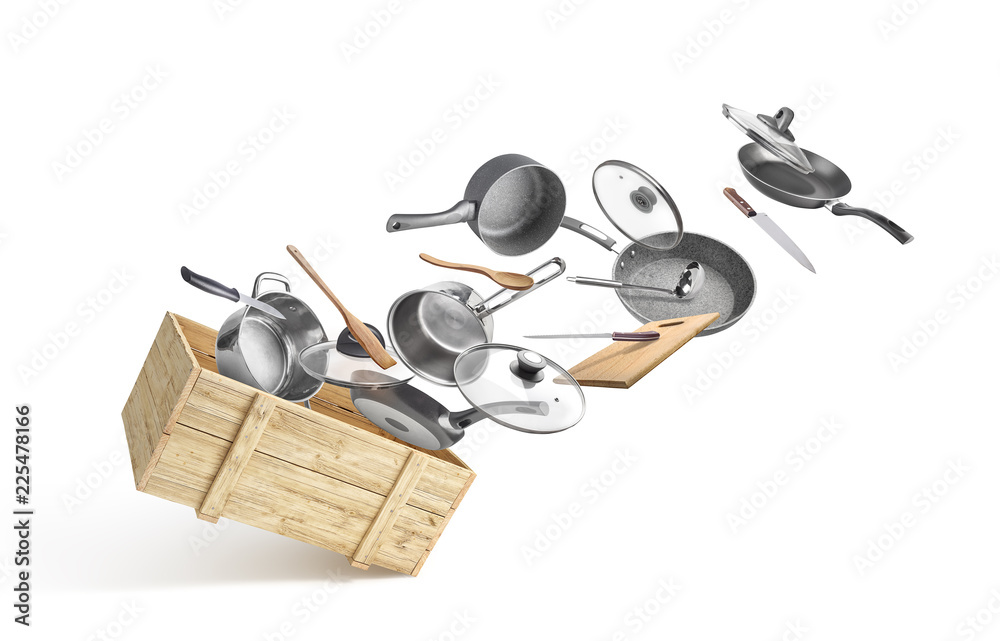 Wooden box with flying utensils isolated on white background Stock ...