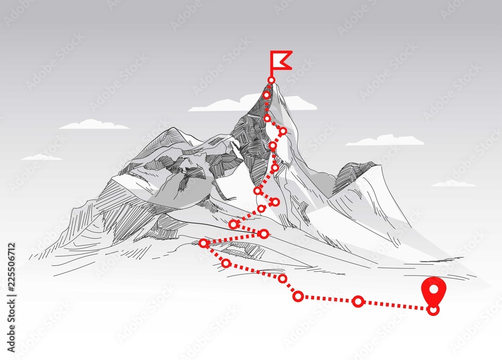 Mountain climbing route to peak. Business journey path in progress to ...
